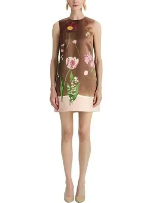 Oscar De La Renta Botanical Print Shift Mini Dress - Brown