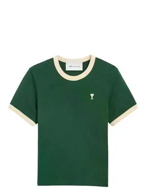 AMI Paris Contrasted Cotton T-shirt With De Coeur Embroidery - Green