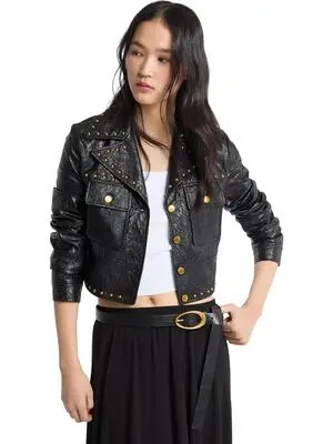 Michael Kors Crinkled Studded Jacket In - Size 0 By Black