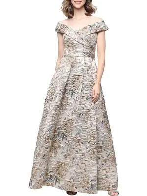 Alex Evenings Off-the-shoulder Floral Jacquard Ballgown - Taupe Multi