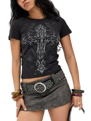BDG URBAN OUTFITTERS Diamante Cross Graphic Baby Tee - Black