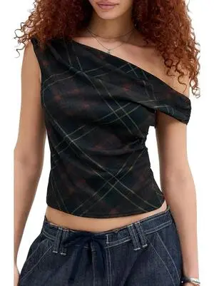 BDG URBAN OUTFITTERS Asymmetrical One-shoulder Checked Jersey Top - Grey Check