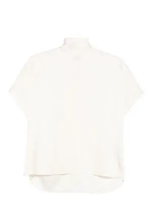 Brunello Cucinelli Silk Satin High Neck Short Sleeve Top With Rear Tie Fastening - Multicolor