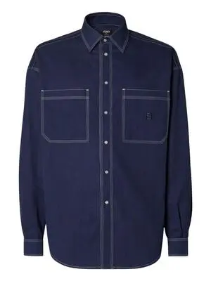 Fendi Cotton Shirt With Patch Pockets And Logo Snap-button Placket - Navy