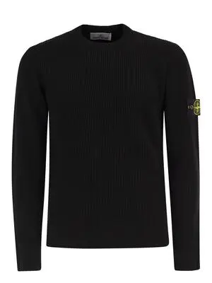 Stone Island Crew-neck Rws Wool Jumper With Ribbed Details - Black