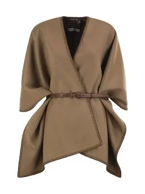 Max Mara Virgin Wool Cape With Leather Belt - Brown