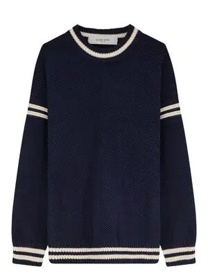 GOLDEN GOOSE Navy Waffle Knit Crewneck Sweater With Star Studs And Striped Trim - Multicolor