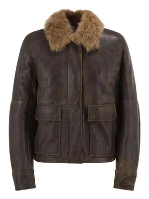 Brunello Cucinelli Sheepskin Jacket With Fur Collar - Brown