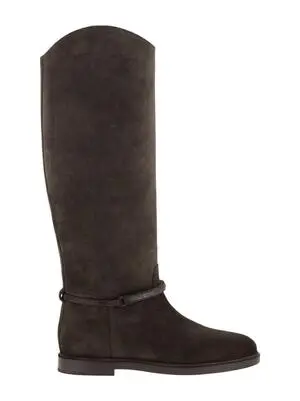 Brunello Cucinelli Suede Leather Knee-high Boots With Monili Detail - Brown