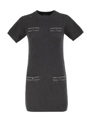 Brunello Cucinelli Ribbed Knit Dress With Sequins And Patch Pockets - Multicolor