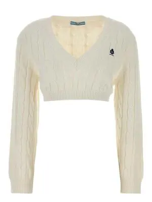 Prada Cable Knit V-neck Sweater - White