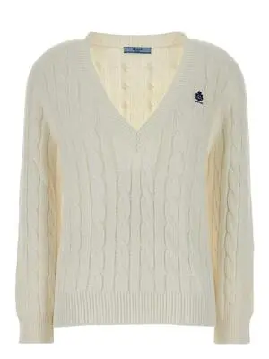 Prada Cream Cotton Cable Knit V-neck Sweater - White