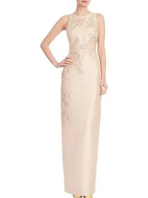 Badgley Mischka Floral Embroidered Column Gown - Champagne