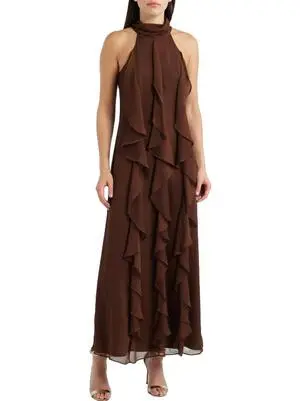 Eliza J Cascade Ruffle Halter Gown - Chocolate