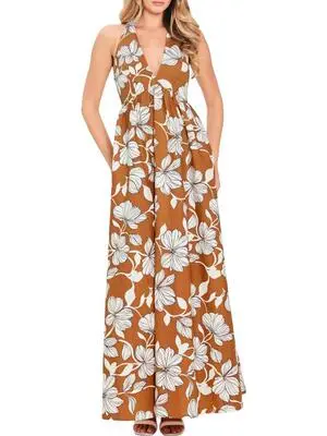 FLYING TOMATO Floral Print Halterneck Midi Dress - Camel