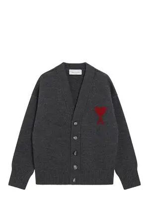 AMI Paris Merino Wool V-neck Cardigan With De Coeur Embroidery - Gray