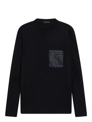 Prada Virgin Wool Crewneck Sweater With Re-nylon Pocket - Blue