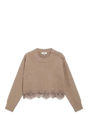 Chloé Cropped Wool-cashmere Sweater With Lace Trim - Brown