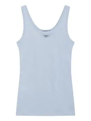 Prada Ribbed Cotton Top With Triangle Logo - Blue