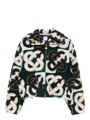 Casablanca Fleece Texture Monogram Print High Neck Zip-up Jacket - White