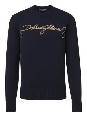 Dolce & Gabbana Embroidered Virgin Wool Crew Neck Sweater - Blue