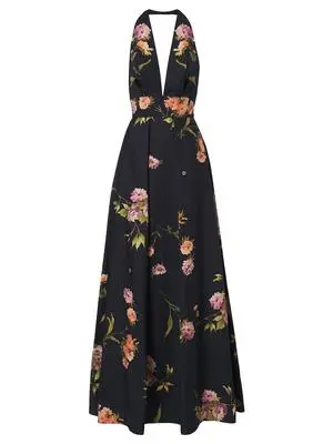 Elie Saab Floral Pleated Cotton Poplin Maxi Dress - Blue