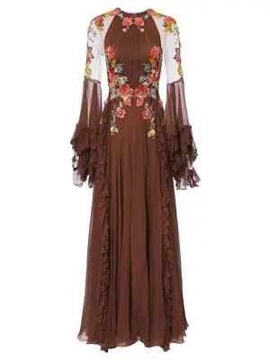 Costarellos Embroidered Floral-appliqué Silk Gown - Brown