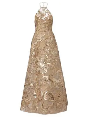 Elie Saab Halterneck Sequined Tulle Gown - Beige