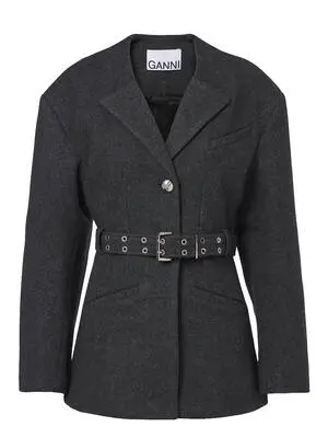 GANNI Belted Wool And Cashmere-blend Blazer - Grey