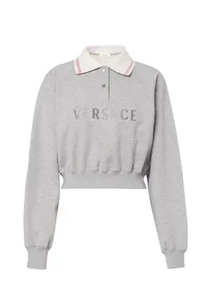 Versace Cropped Cotton Jersey Polo Shirt With Embroidered Collar - Grey