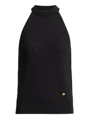 Balmain High Neck Quilted Wool Top With Lion Chain Medallion - Multicolor