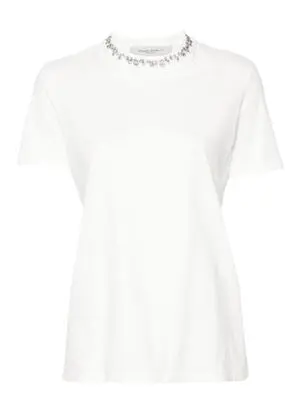 GOLDEN GOOSE White Cotton T-shirt With Embellished Collar - Multicolor