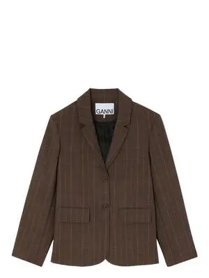 GANNI Wool Pinstripe Blazer - Brown