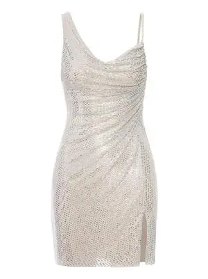 SELF-PORTRAIT Silver Rhinestone Draped Mini Dress - Gold