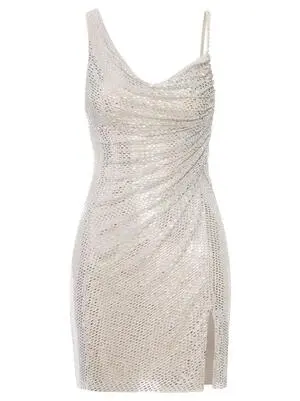 SELF-PORTRAIT Silver Rhinestone Draped Mini Dress - Gold
