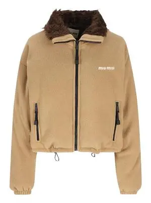 Miu Miu Fleece Jacket With Embroidered Logo And Drawstring Hem - Cream
