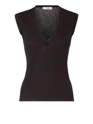 Fendi Rib Knit V-neck Sleeveless Top - Black