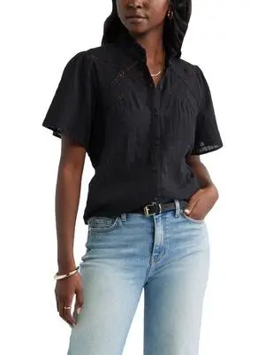 Caslon Lace Trim Button Front Top - Black