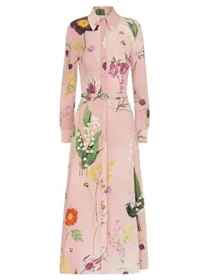 Oscar De La Renta Botanical-printed Belted Midi Shirt Dress - Pink