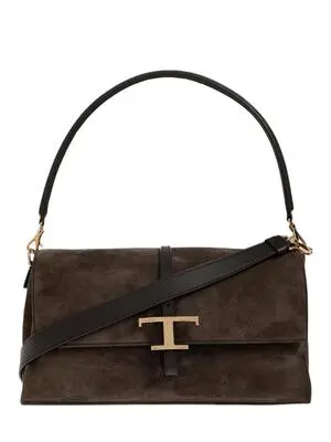 TOD'S Small Suede Timeless Flap Bag With T-detail - Brown
