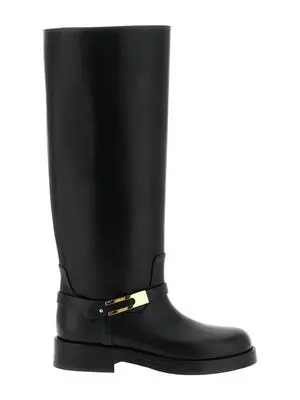 Elisabetta Franchi Leather Round Toe Low Heel Boots With Gold Buckle Detail - Black