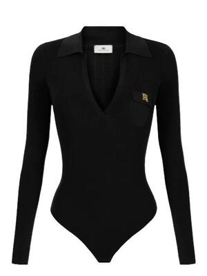 Elisabetta Franchi Openwork Embroidered Knitted Bodysuit With Gold-tone Metal Details - Black