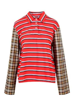 MSGM Striped Polo Shirt With Patchwork Sleeves - Red