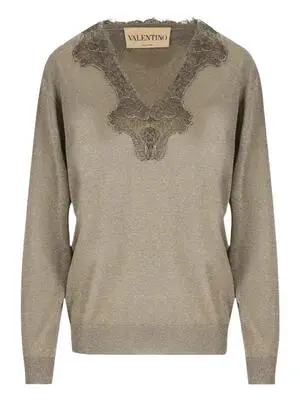 Valentino Garavani Valentino V-Neck Lace-Trimmed Metallic Sweater No