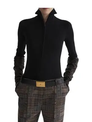 MUGLER Long Sleeve High Neck Zip Up Top - Black