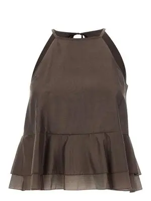 KAOS Sleeveless Ruffled V-neck Top - Brown