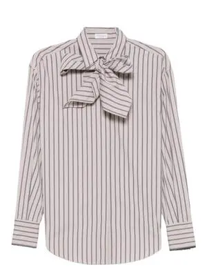 Brunello Cucinelli Striped Shirt With Tie Detail - Beige