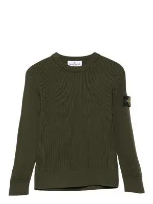 Stone Island Ribbed Wool Crew Neck Sweater With Compass Patch - Green