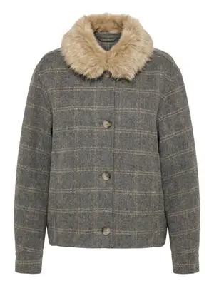 TWINSET Wool Blend Plaid Coat With Faux Fur Collar - Mustard Check