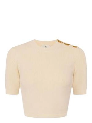 Elisabetta Franchi Ribbed Knit T-shirt With Chain Detail - Cream